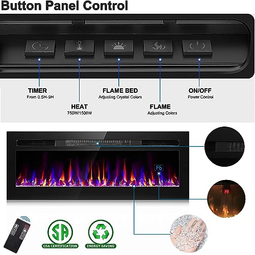 50 Inch Electric Fireplace Recessed and Wall Mounted, Fireplace Heater and Linear Fireplace, Ultra-Thin Electric Fireplace, Low Noise, with Timer, Remote Control, Adjustable 12 Flame Color, 750/1500W