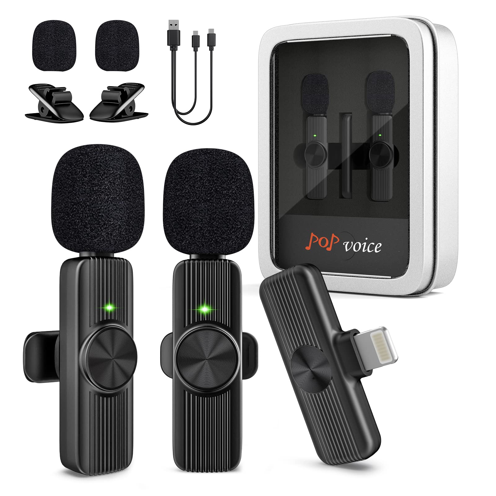 2 Pack Wireless Lavalier Microphone for iPhone iPad, Noise Reduction Cordless Omni Lapel Mic, Clip on Microphone for Video Recording, YouTube, Facebook,TikTok, Interview Livestream & Podcast