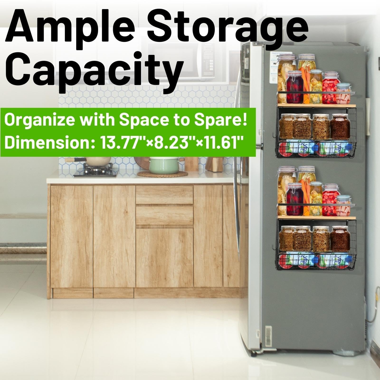 2 Set Magnetic Shelf for Refrigerator with Wood Lid, Fruit Potato & Onion Storage Bins, Pantry Organizers & Storage, Large Container Magnetic Spice Rack for Refrigerator, Kitchen Counter, Cabinet