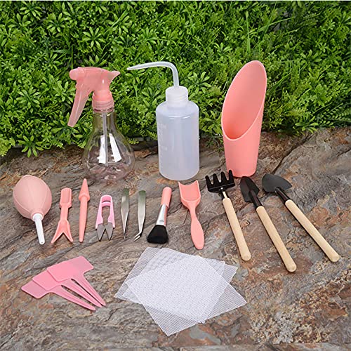 22 Pieces Succulent Planting Tools Kit, Mini Gardening Hand Tools Set - Potting,Cactus, Bonsai, Transplanting Tools + PU Nylon Gloves Coated Palm Anti-Static + Gardening Mat (Pink)_AB