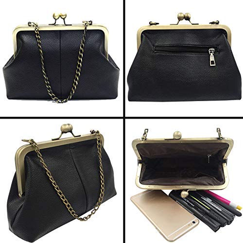 Abuyall Women Small Retro Purse Vintage Top Handle Handbag Kiss Lock Shoulder Bag Black