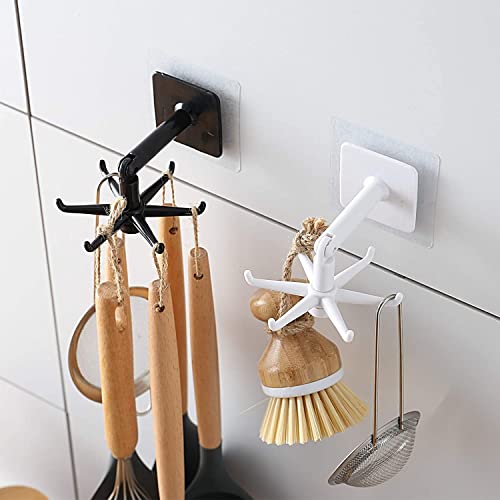 4pcs 360° Rotating Folding Self Adhesive Hooks with 180° Vertical Flip Claws for Bathroom Kitchen Office Towel (2 Black + 2 White)