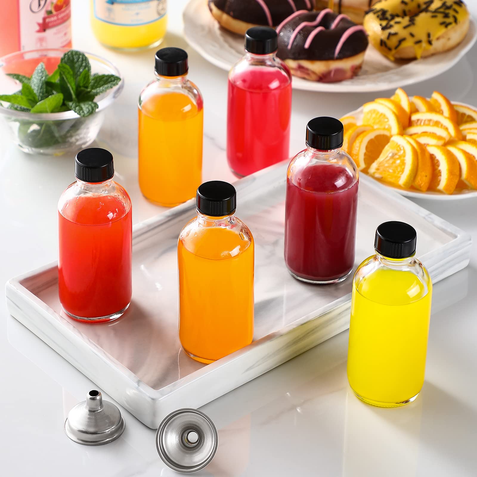 6 Pack, 4 oz Small Clear Glass Bottles with Lids & 2 Stainless Steel Funnels - 120ml Boston Sample Bottles for Potion, Juice, Wellness, Ginger Shots, Whiskey, Liquids - Mini Travel Essential Bottles