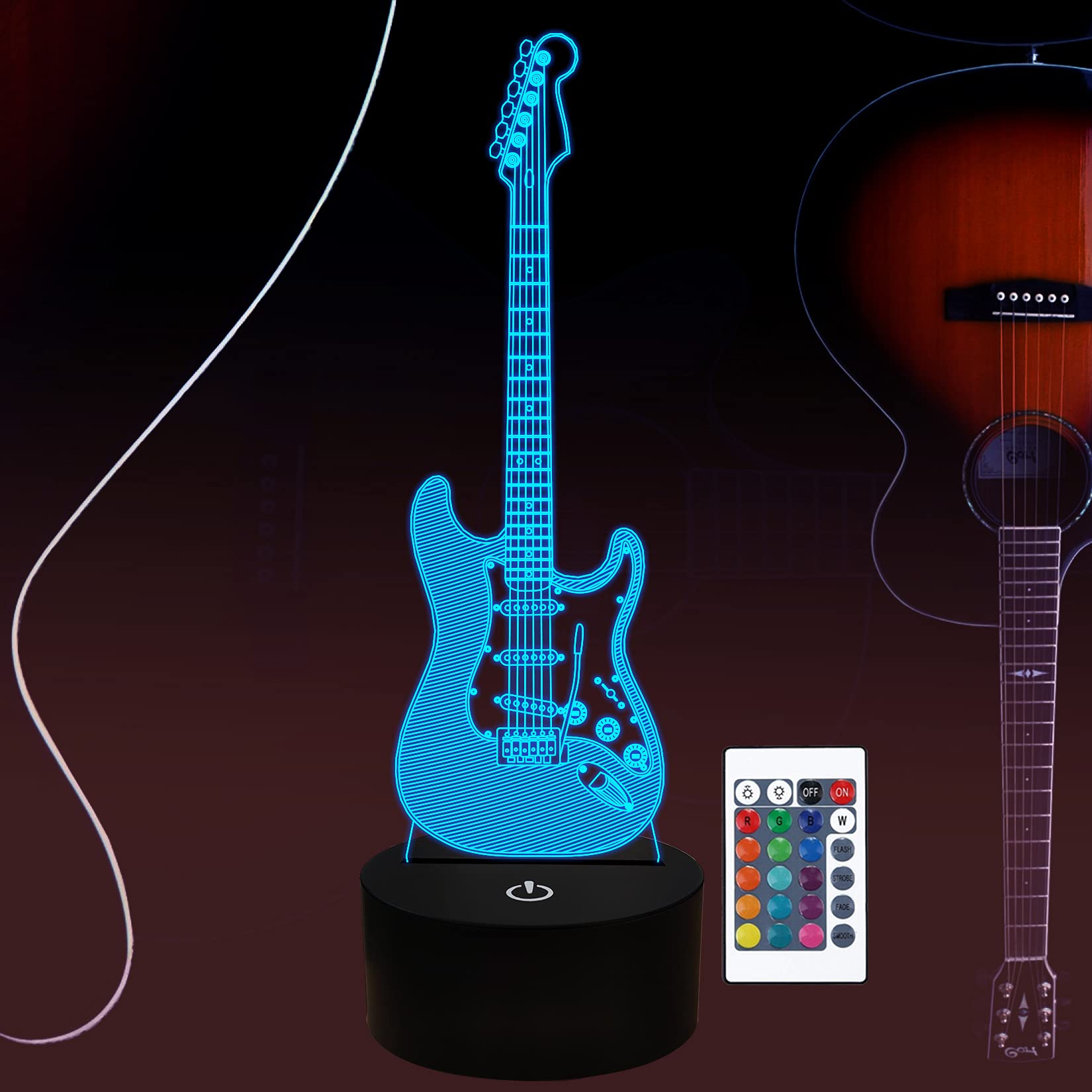 Guitar Gifts, Guitar 3D Night Light Illusion Lamp for Kids, Guitar Lover Gifts from Age 2 3 4 5 6+ Years for Girls Boys Men Women - 16 Colors Changing with Remote Control