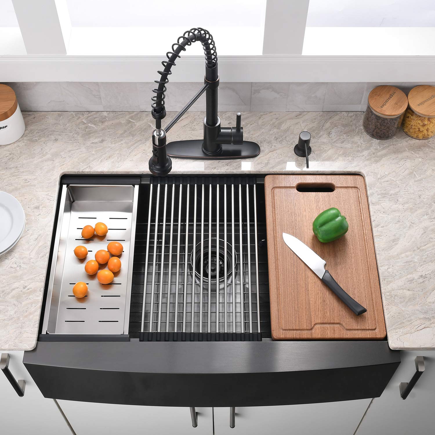 33 Inch Farmhouse Kitchen Sink Workstation Black - VOKIM 33x22 Apron Front Workstation Farmhouse Sink Stainless Steel 16 Gauge Single Bowl Gunmetal Matte Black Farm Sink