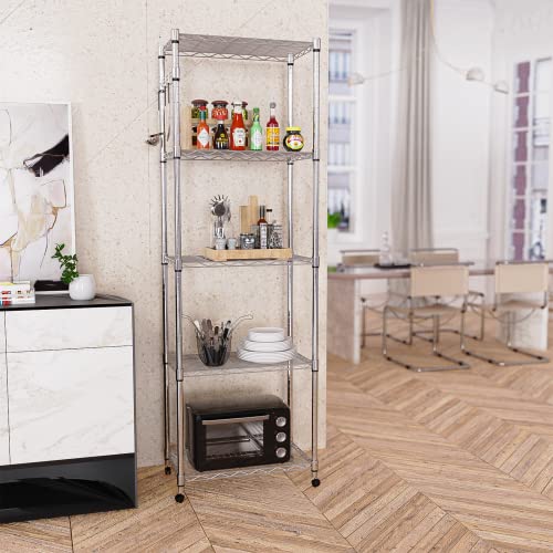 BATHWA 5-Tier Wire Shelving Unit on Wheels, Heavy Duty Rolling Shelving Rack, Chrome Shelves for Bathroom, Kitchen, Living Room