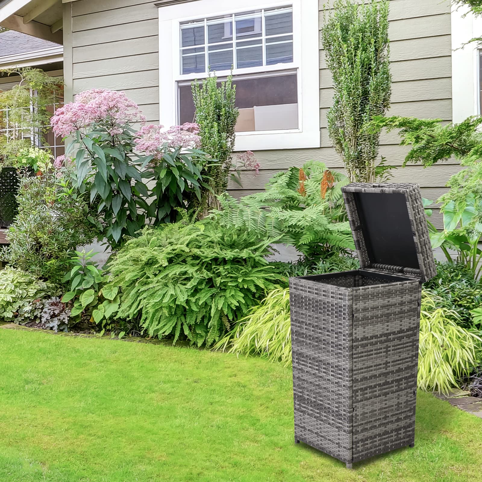 czczgx 26.7 Gallon Outdoor Wicker Trash Bin Rattan Patio Waste Basket with Lid, Wicker Recycling Basket Patio Trash Can for Backyard, Deck, Poolside (Gray)
