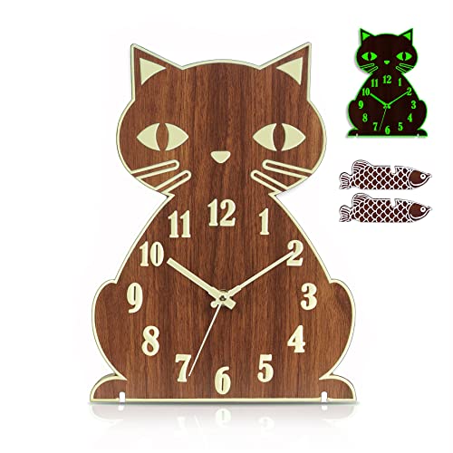 Night Light Wall Clock - Cat Wall Clocks Glow in Dark, Silent Non-Ticking Wood Clocks Battery Operated, Rustic Farmhouse Modern Clock Decorative for Kitchen Living Room Bedroom (12 Inch)