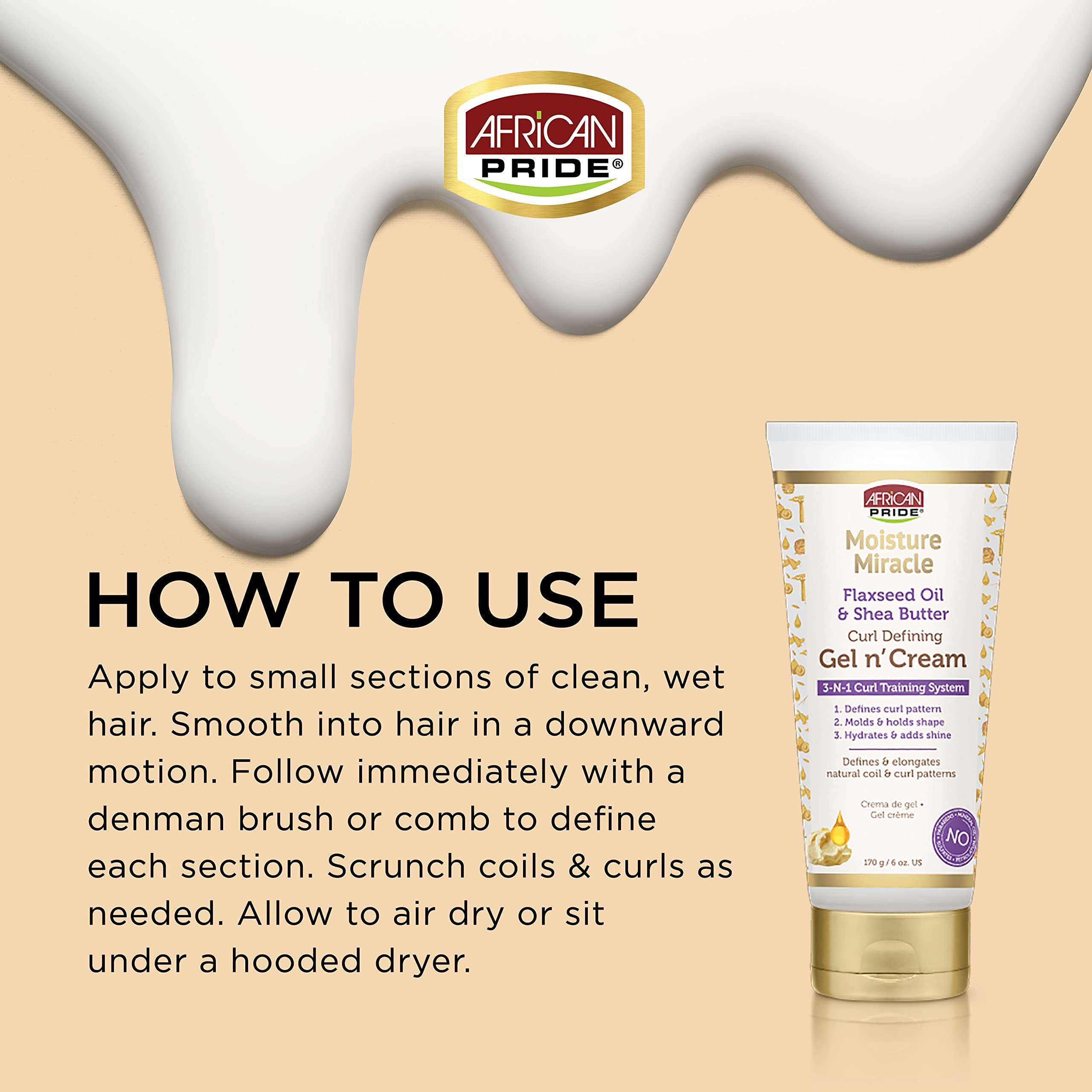 African Pride Moisture Miracle Gel n' Cream - 3-In-1 Curl Training System, Defines Curls, Holds Shape, Hydrates, Adds Shine, Contains Flaxseed Oil & Shea Butter, Defines & Elongates, 6 oz