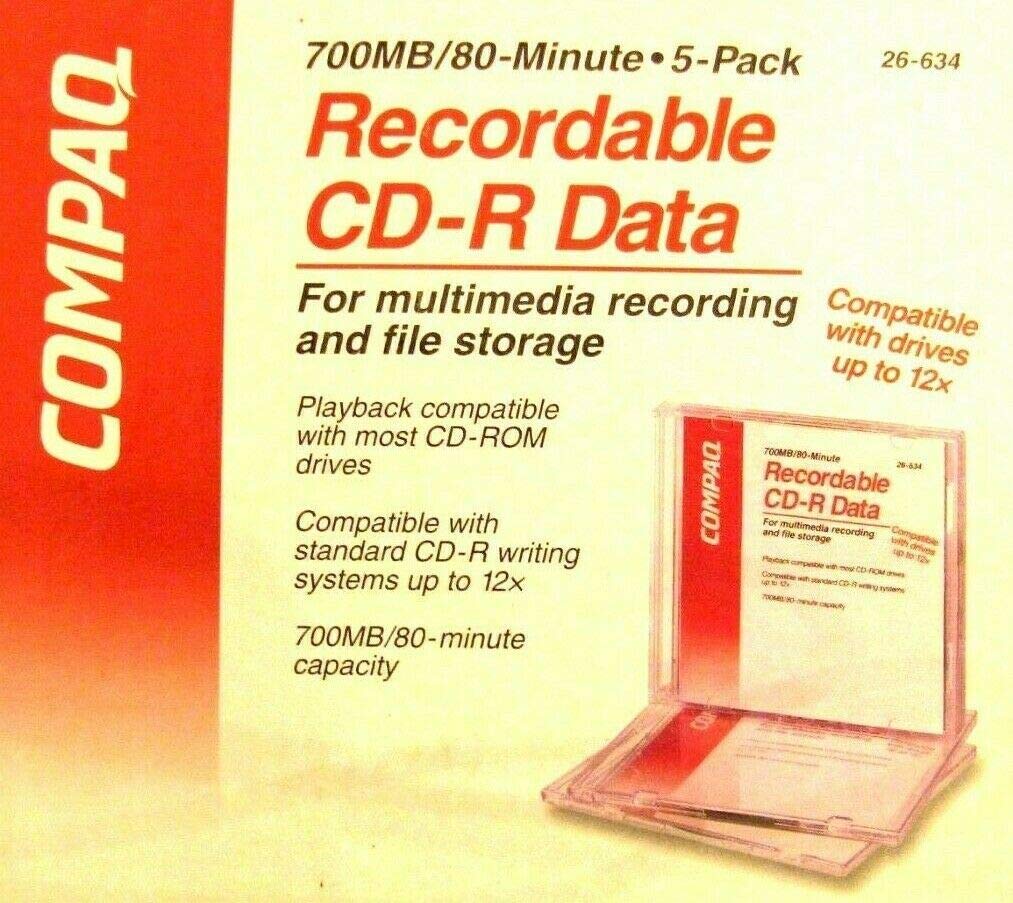 Compaq CD-R Data 700MB 80 Minute up to 12x Recordable 5 Pack Compact Disc