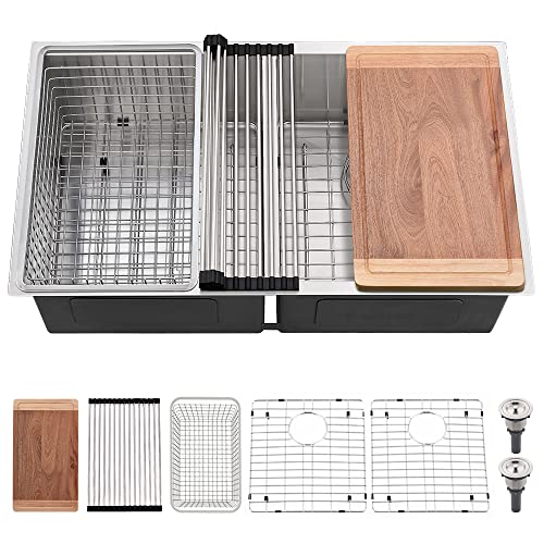 33 Undermount Kitchen Sink Double Bowl -VASOYO 33x19 Undermount Stainless Steel Kitchen Sink 16 Gauge Deep 50/50 Undermount Double Bowl Kitchen Sink with Cutting Board