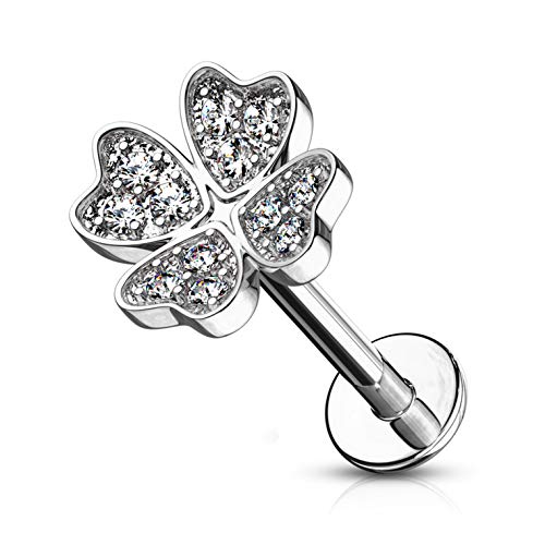 16 Gauge Four Leaf Heart Clover Steel Labret Monroe Stud Internally Threaded (Steel-16 Gauge 1/4")