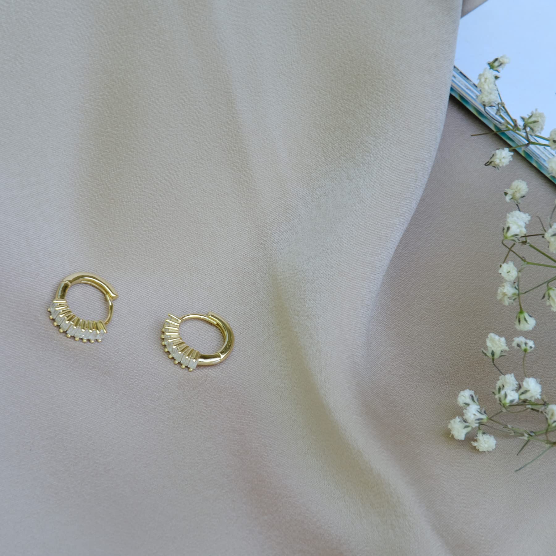18K Gold Plated Baguette CZ Hoop Earrings | Sterling Silver Small Gold Hoops 10mm | Everyday Minimalist Earlobe or Cartilage Second Hole Earrings