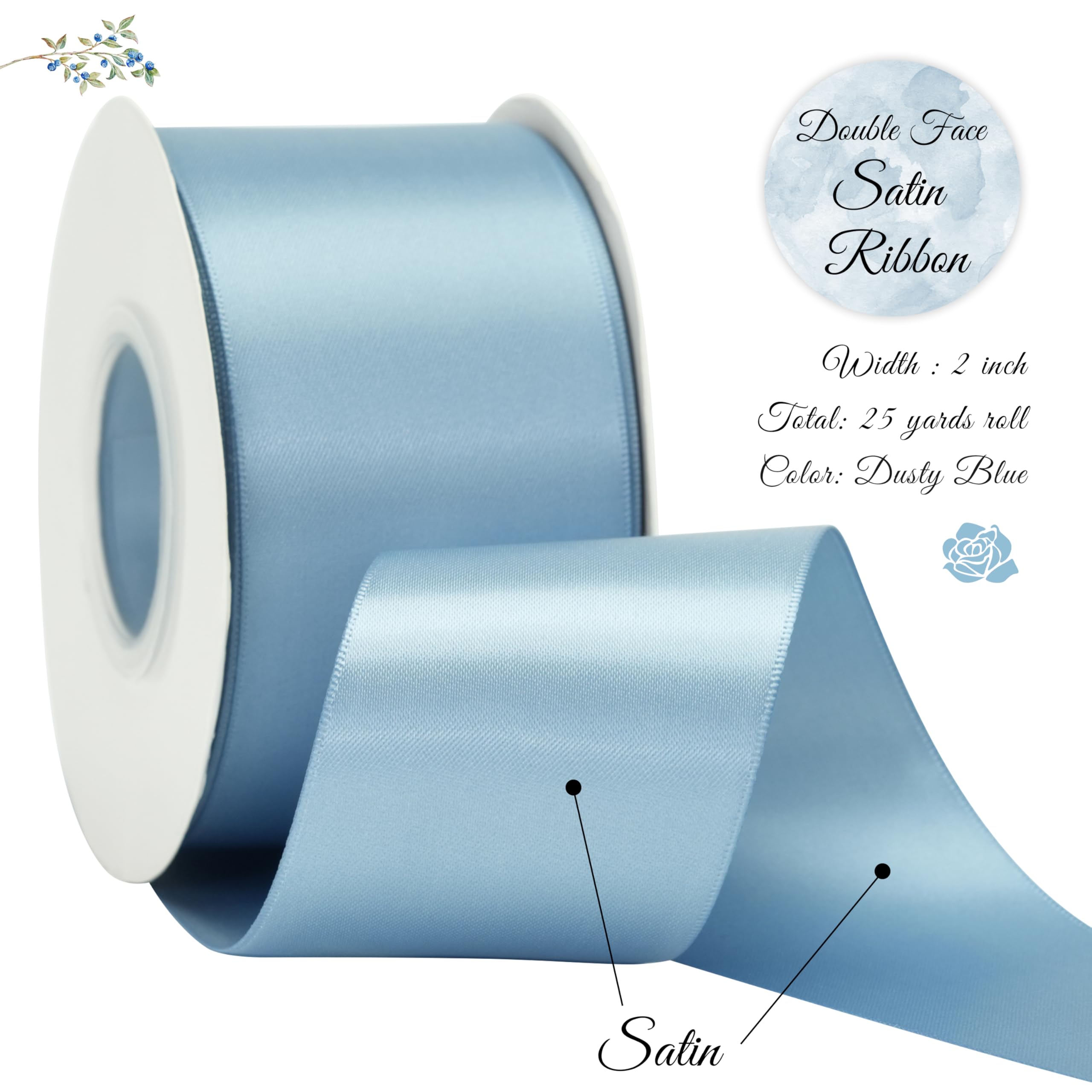 DINDOSAL Dusty Blue Ribbon for Christmas Tree Thick Double Face Satin Ribbon 2 Inch French Blue Silk Ribbon for Wedding Bridal Bouquet Crafts- 25Yards