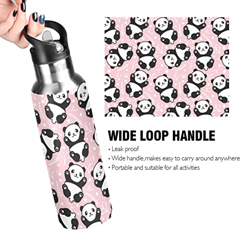 ALAZA Pink Pandas Water Bottle with Straw Lid Vacuum Insulated Stainless Steel Thermo Flask Water Bottle 20oz