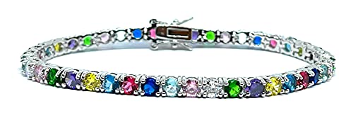 18K Gold Plated 3mm Round Multi Colored Rainbow Cubic Zirconia Tennis Bracelet, Silver