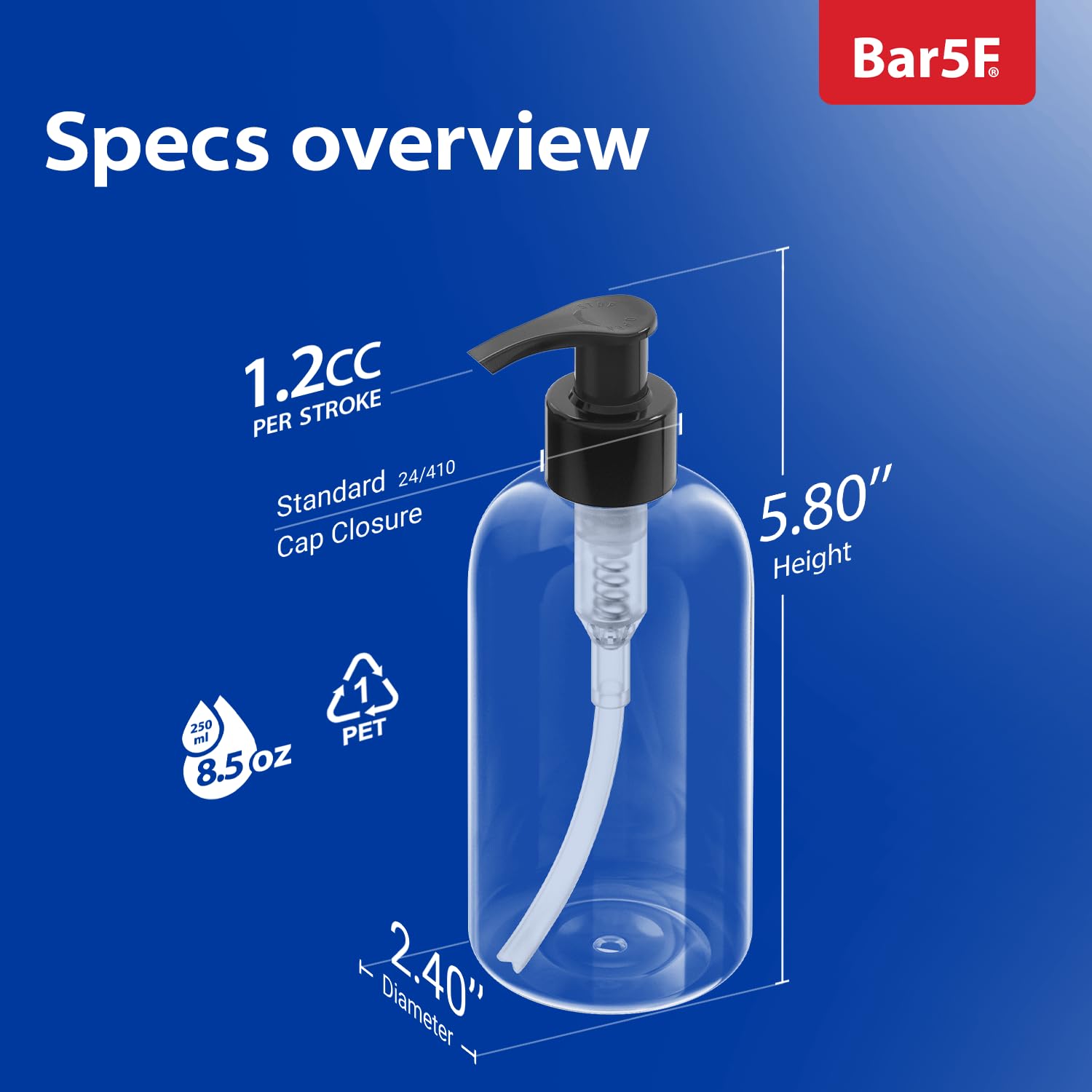 Bar5F Plastic Bottles with Pump Dispenser, 8 oz | Leak Proof, Empty, Clear Refillable, BPA Free for Body Wash, Moisturizer, Face Cream, Liquid Soap | Black & White Pumping Caps | Set of 2