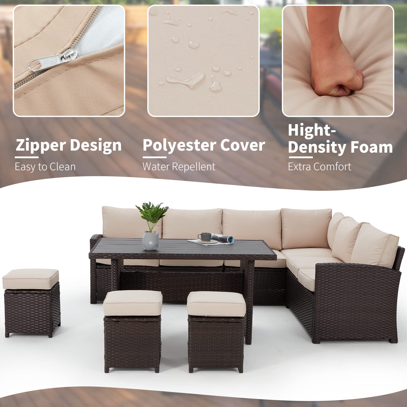 U-MAX 7 Pieces Patio Furniture Set Outdoor Sectional Sofa Conversation Set All Weather Wicker Rattan Couch Dining Table & Chair with Ottoman, Khaki Cushion