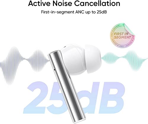 realme Active Noise Cancelling Wireless Earbuds, Buds Air 2 Hybrid ANC in Ear Headphones, Bluetooth 5.2 IPX5 Stereo Earphones, 10mm Hi-Fi Bass Boost Driver, USB C, Smart Touch Control, White