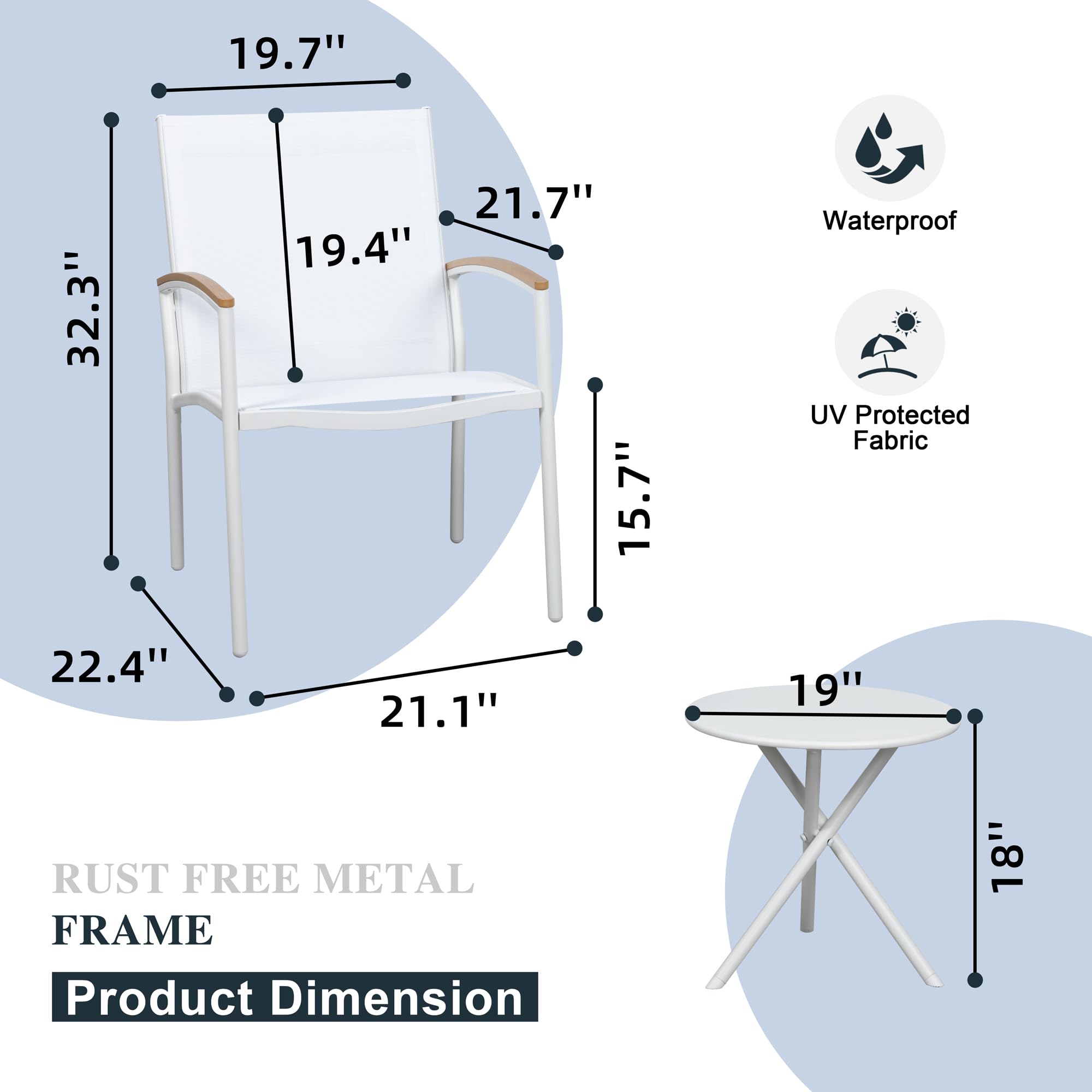 SUNLEI 3-Piece Patio Bistro Sets, Outdoor Black Chairs & Patio Furniture Conversation Set-Two Chairs with Coffee Table (Non-Rocking Chairs/White)