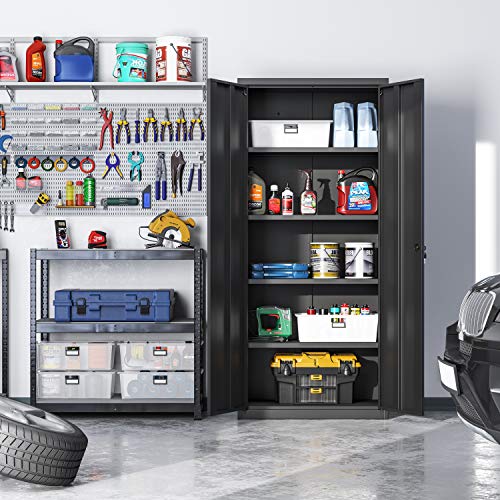 SONGMICS Garage Cabinet, Metal Storage Cabinet with Doors and Shelves, Office Cabinet for Home Office, Garage and Utility Room, Black UOMC015B01