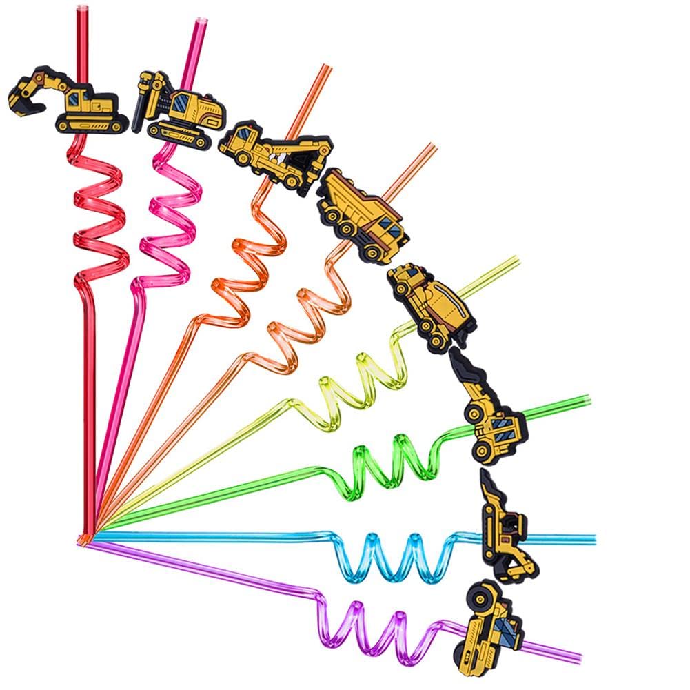 24 Construction Excavator Theme Reusable Drinking Plastic Straws 8 Designs Include Excavator, Front Loader, Road Roller Perfect for Kids' Birthday Party Supplies Party Favors with 2 Cleaning Brushes