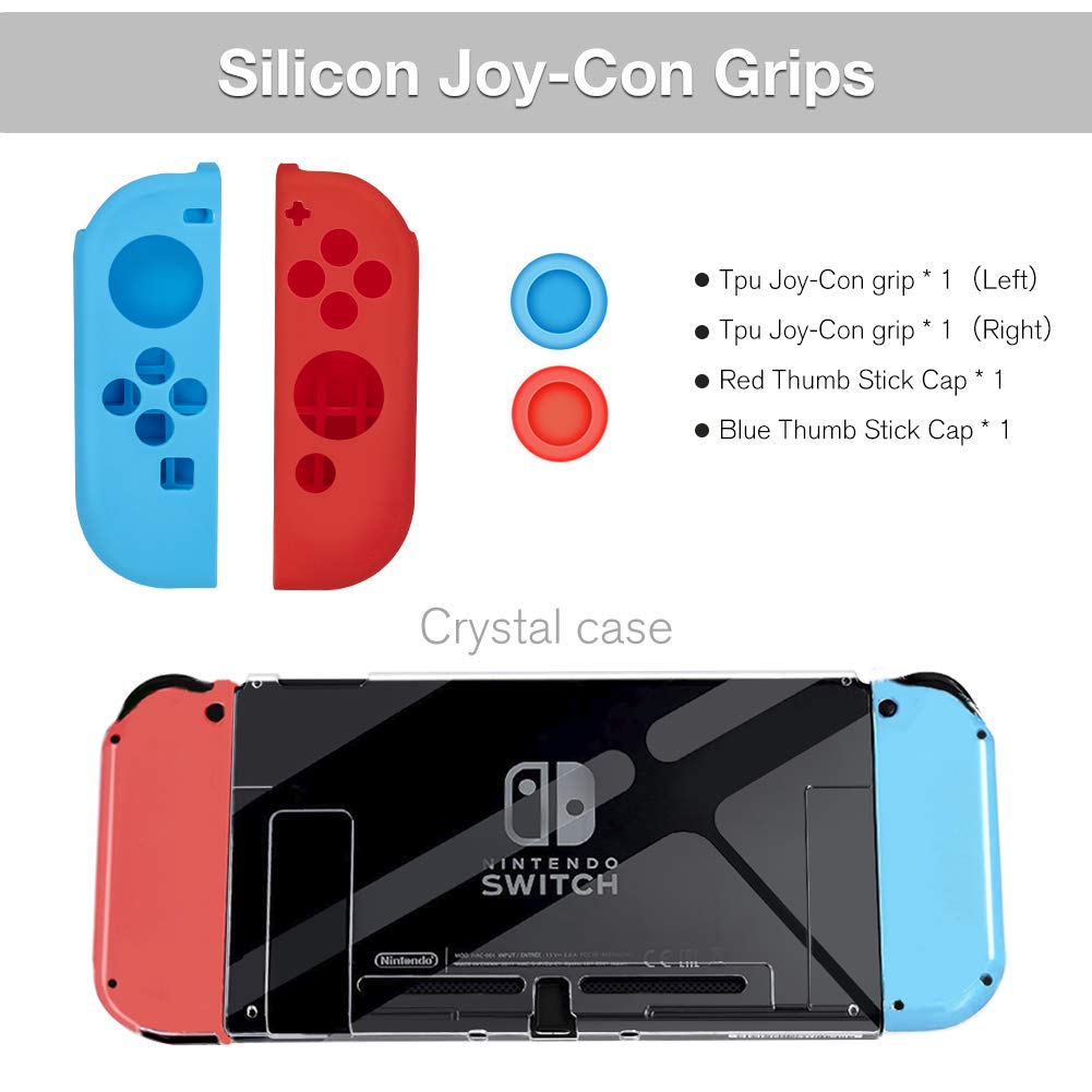 Accessories Kit Bundle for Nintendo Switch, 1x carry case,2x Grips kit,2x Steering Wheel,1x crystal case for switch,2x Case for Joy-Con,2x Thumbstick Caps,1x Glass screen protector