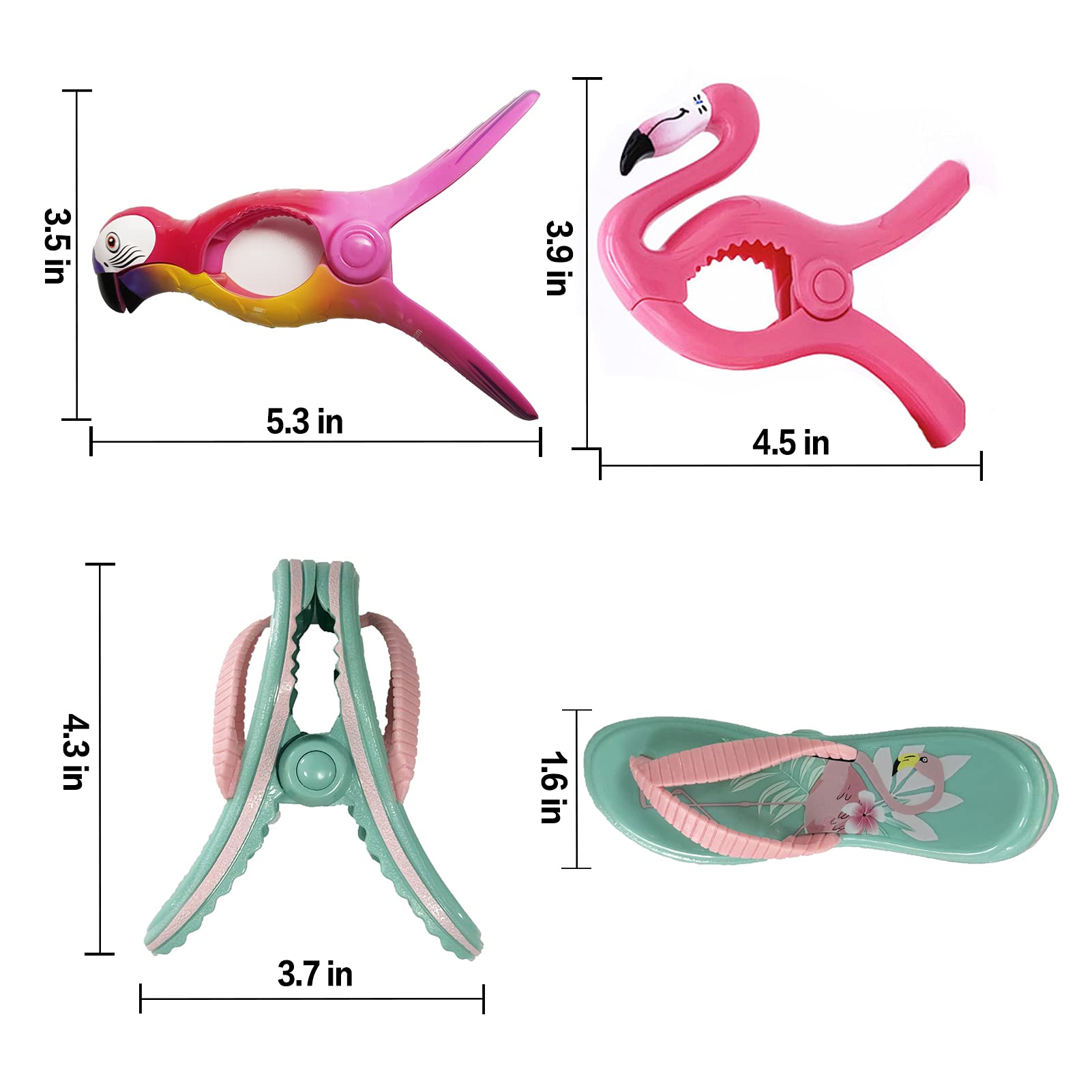 6 Pieces Beach Towel Clips, Flip Flop Towel Holders, Flamingo Chair Clips, Parrot Clips, Clothes Pins in Prefect Size for Pool Loungers Blanket