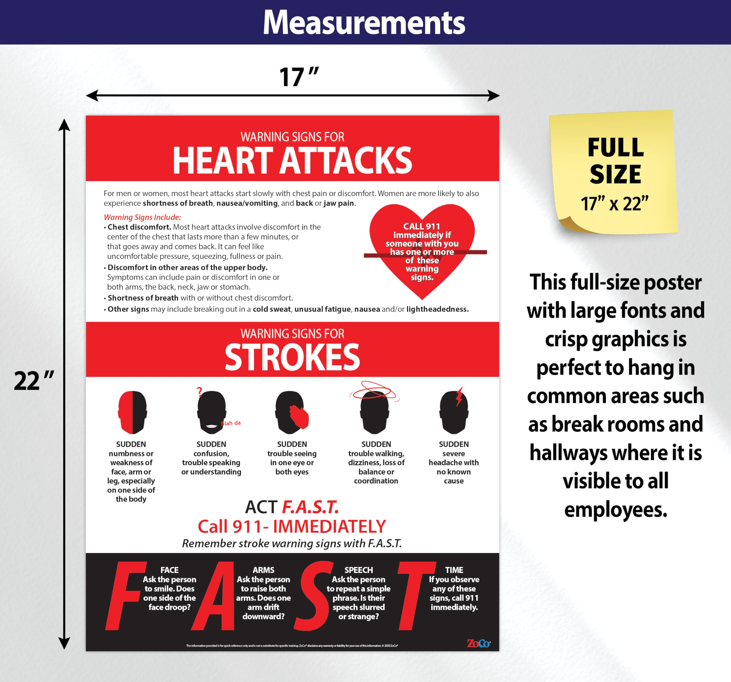 2 Pack: Sudden Cardiac Arrest & Symptoms of Heart Attack and Stroke Poster - Laminated, 17 x 22 inches - Workplace Health and Safety Posters