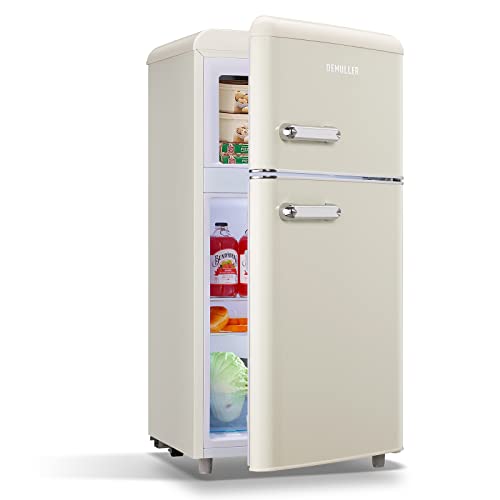 DEMULLER Retro Mini Refrigerator 3.5 CU.FT Dual Door Fridge with Handle Removable Glass Shelves 7 temperature control levels for Dorm, Office, Bedroom