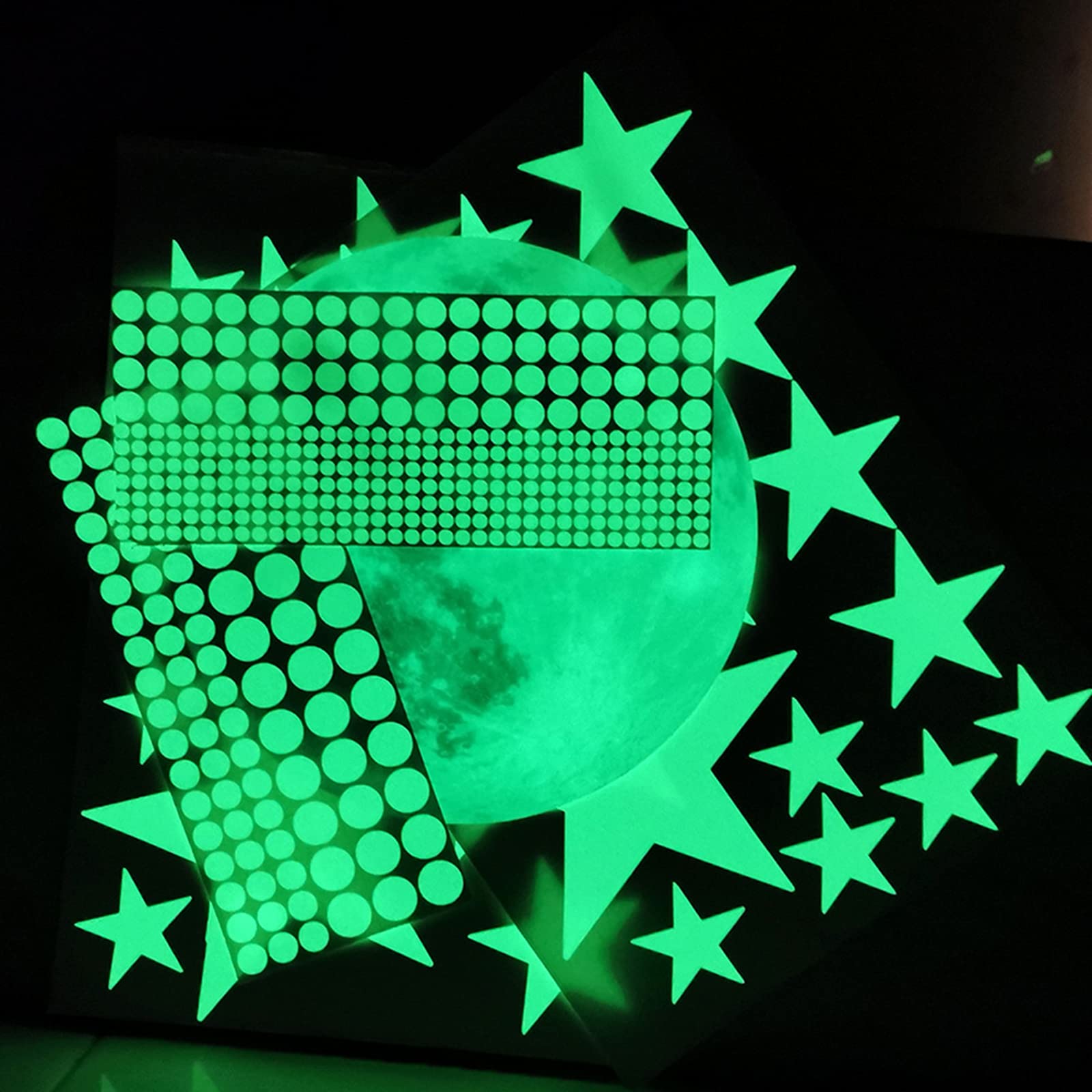 Sursarbelor Luminous Φ30cm Big Moon and Stars Dots Wall Stickers, 435 Pieces Glow in The Dark Stickers, Wall Ceiling Sticker Decals for Home Party Kids Room Decorations
