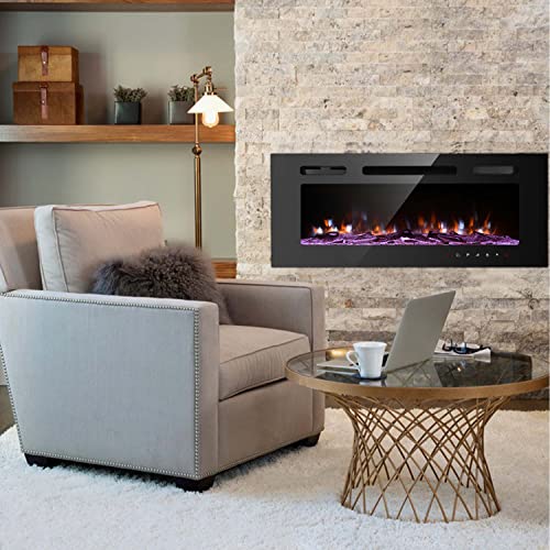 50 Inch Electric Fireplace Inserts, Wall Mounted Fireplace, Led Fireplace with Logs, Recessed Electric Fireplace with Remote Control, Linear Fireplace, 9 Multi Color Flames, 750/1500W