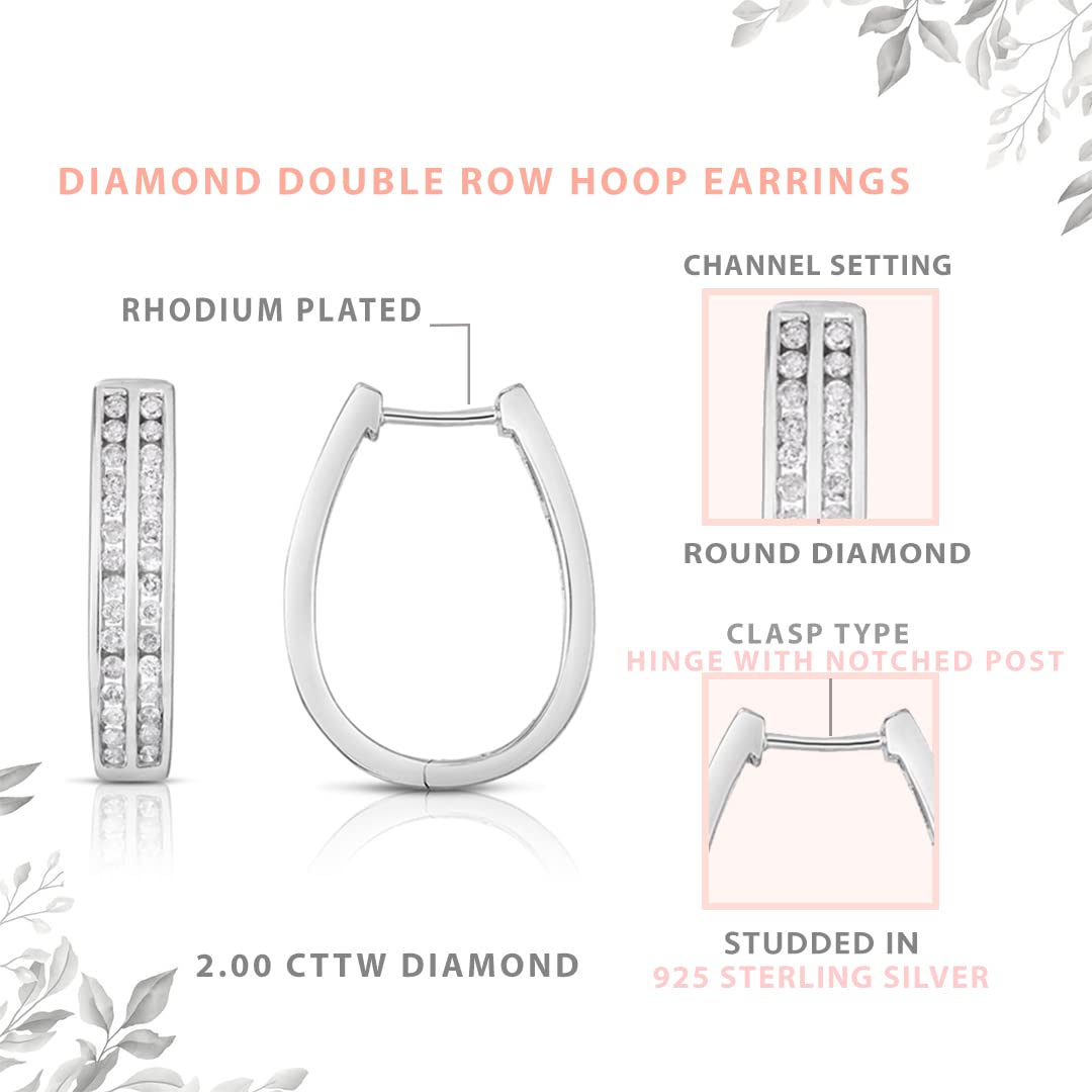 2.00 carat Diamond Double Row U Shape Hoop Earrings for Women, 925 Sterling Silver, Gift Ready Packaging