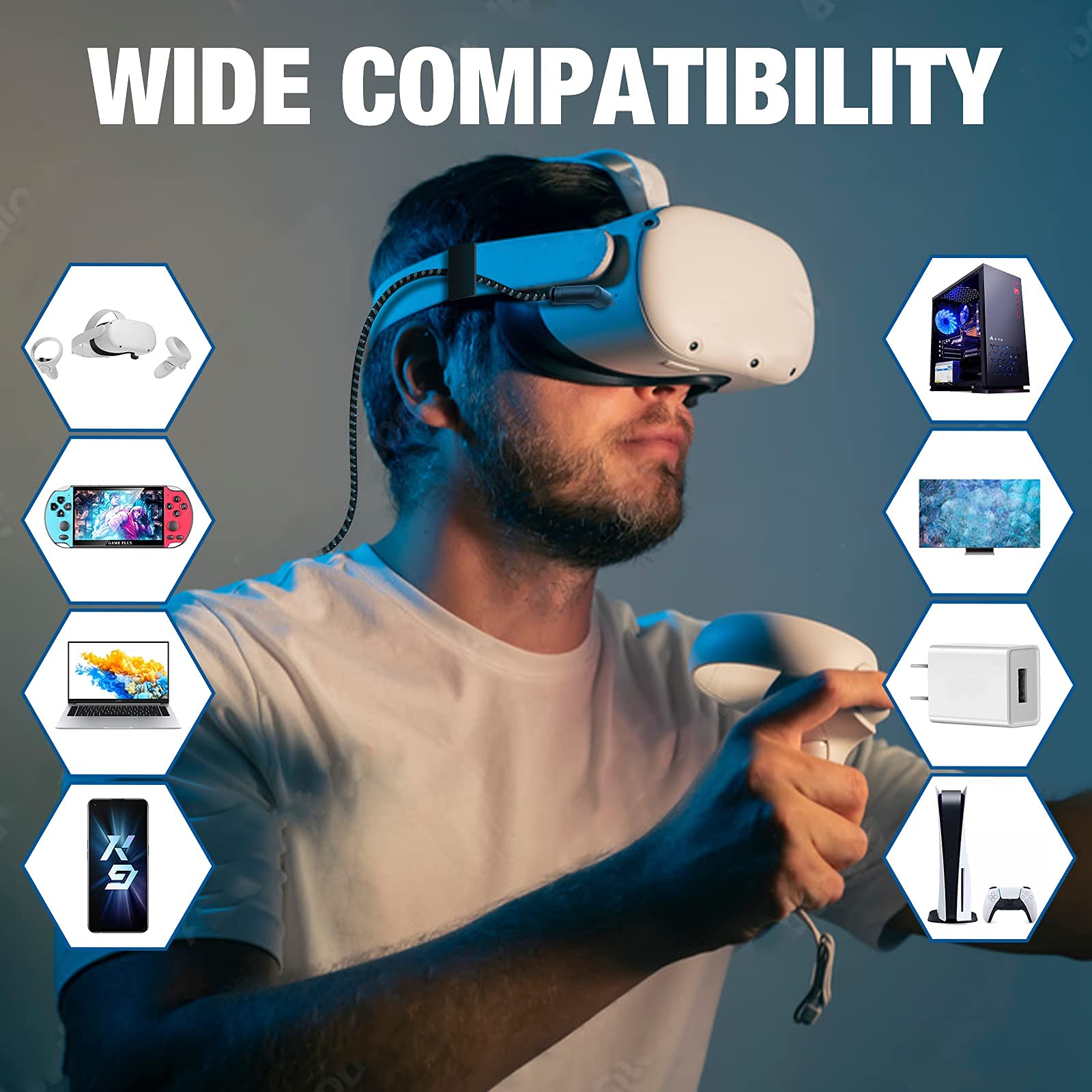 20FT Oculus Quest 2 Link VR/Virtual Reality Headset Cable for PC Gaming,USB 3.2 Gen1 5Gbps Type C to USB Type A ,High Speed Data Transfer & Fast Charger for Quest 2 and Quest