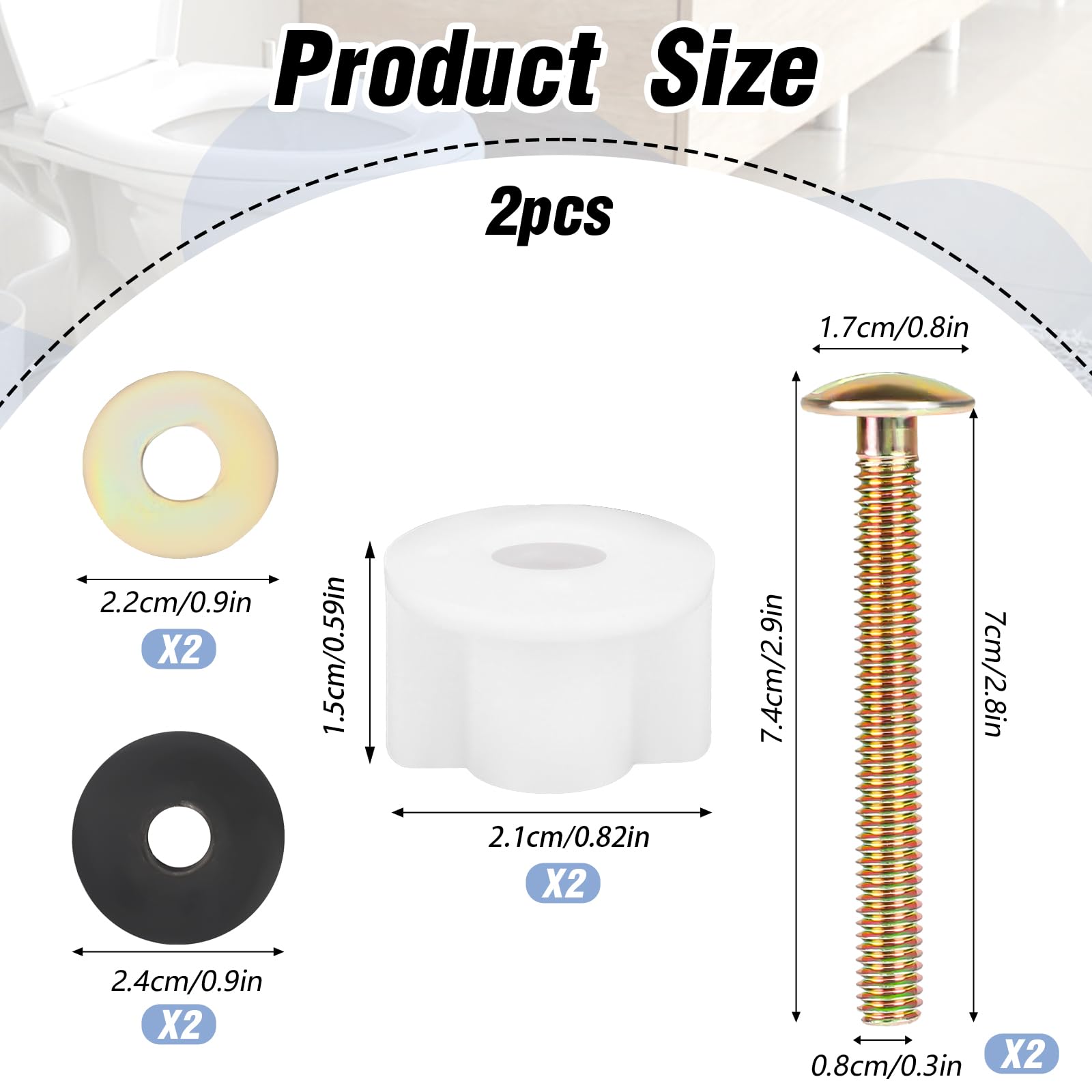 2 Pcs Universal Toilet Seat Screws Heavy Duty Toilet Seat Hinge Bolt and Screw Set, Metal and Rubber Washers with White Plastic Nuts for Top Mount Toilet Seat Hinges Replacement Parts