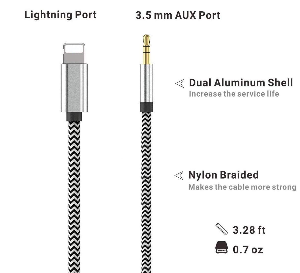 2 Pack Aux Cord for iPhone, 3.3ft Apple MFi Certified Lightning to 3.5mm AUX Audio Nylon Cable Compatible with iPhone 14 13 12 11 XS XR X 8 7 for Home Car Stereo/Headphone/Speaker, Support All iOS