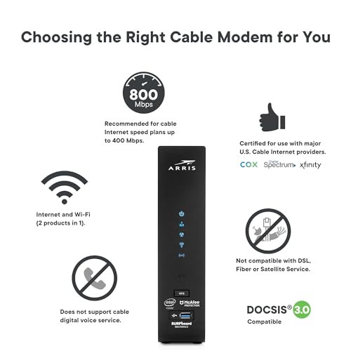 Arris (SBG7600AC2-RB) - Cable Modem Router Combo - Fast DOCSIS 3.0 & AC2350 WiFi,for Comcast Xfinity, Cox, Charter Spectrum & More, Four 1 Gbps Ports, 800 Mbps Max Internet Speeds - Renewed
