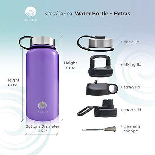 ALBOR Insulated Water Bottle with Straw, 32 Oz - 100% Leak-Proof with 4 Lids (2 Straw Lids) - Triple Insulated Stainless Steel Water Bottles, Reusable Water Bottle, Lilac