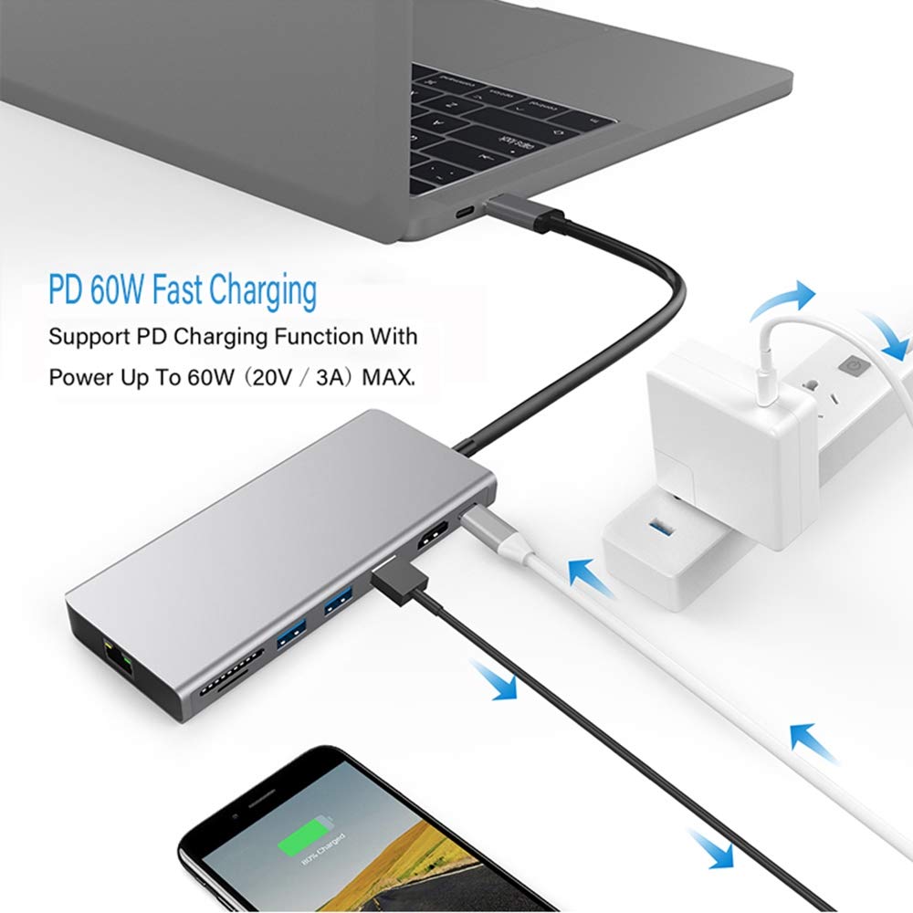 HRYHY USB C Hub, 9-in-1 USB C Adapter with 4K USB C to HDMI,USB C Charging, VGA, 2 USB 3.0, SD/TF Card Reader,Gigabit Ethernet, Compatible for MacBook Pro, XPS More Type C Devices