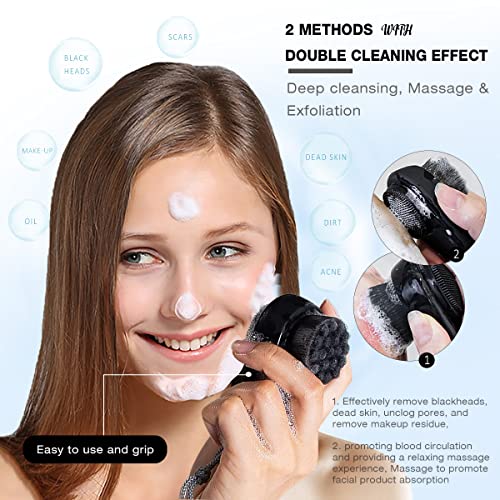 2 Pack Facial Cleansing Brushes, Face Brush with 2-in-1 for Deep Pore Cleansing and Exfoliation, Silicone Scrubber & Soft Bristle Sides (Black&Pink)