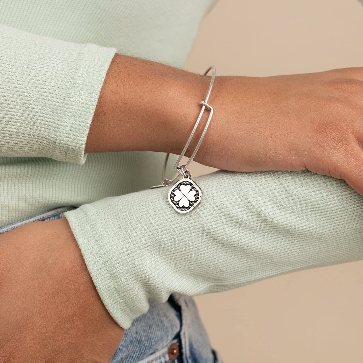 Alex and Ani Path of Symbols Expandable Bangle for Women, Four Leaf Clover Embossed Charm, Rafaelian Silver Finish, 2 to 3.5 in
