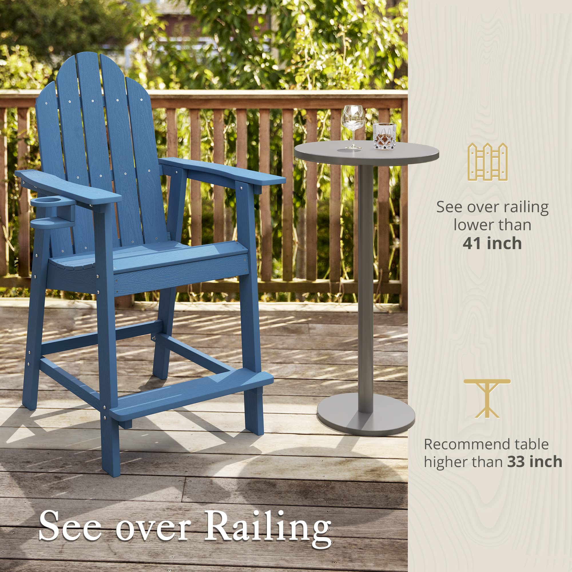 LUE BONA Tall Adirondack Chairs Set of 2 with Removable Table,Poly Adirondack Chair Bar Stools with Cup Holder, 25.6", 300Lbs, Weather Resistant Lifeguard Chair for Balcony,Deck