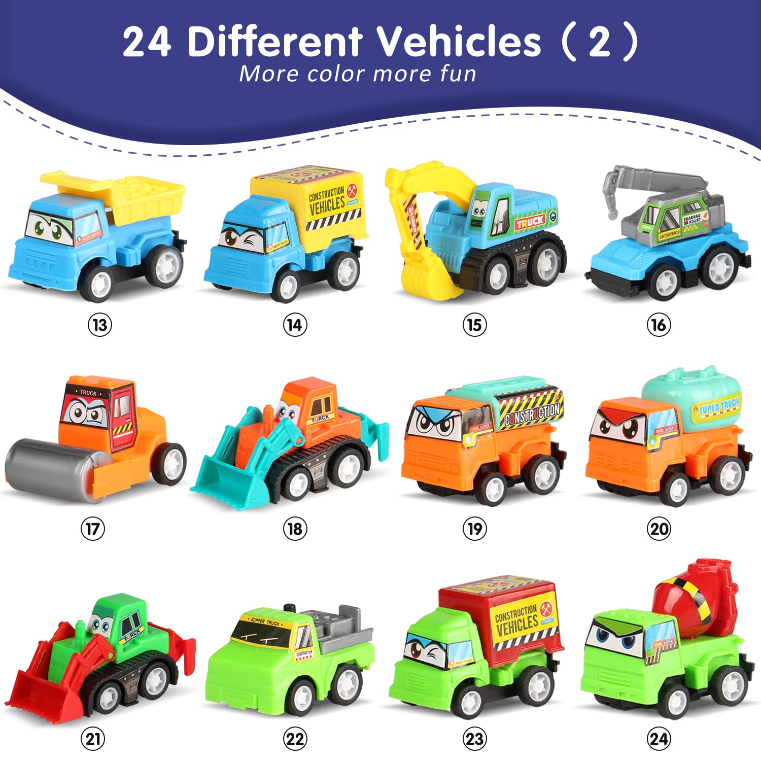 24 Pack Colorful Easter Eggs with Pull-Back Construction Vehicles Inside, Easter Basket Stuffers for Kids Teens Toddler, Construction Vehicles Easter Gifts