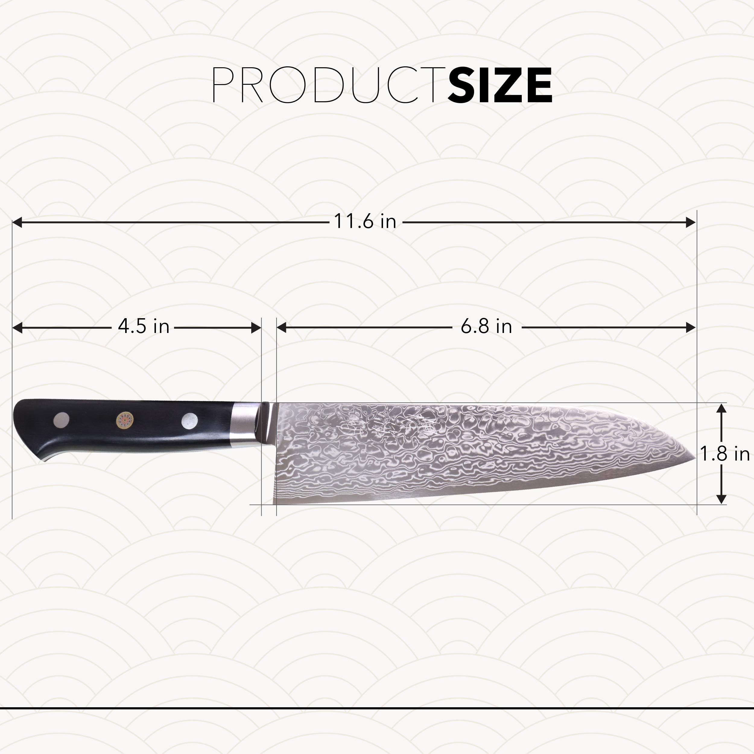 JCK ORIGINAL Kagayaki Japanese Chef’s Knife, KGRP-2 Professional Santoku Knife, Polished Patterned Damascus Stainless Steel with Ergonomic Black Pakka Wood Handle, 6.8 inch