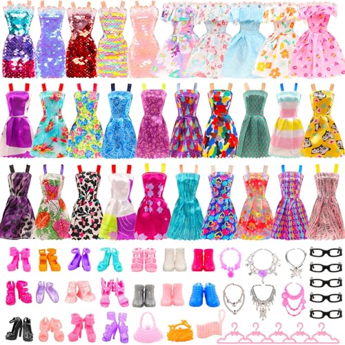 52 Pcs Fashion Doll Clothes and Accessories for 11.5 Inch Girl Doll Include 16 Pcs Mini Floral Sequin Dresses 36 Different Accessories Shoes, Handbags, Glasses, Necklace Accessories for Gril Doll