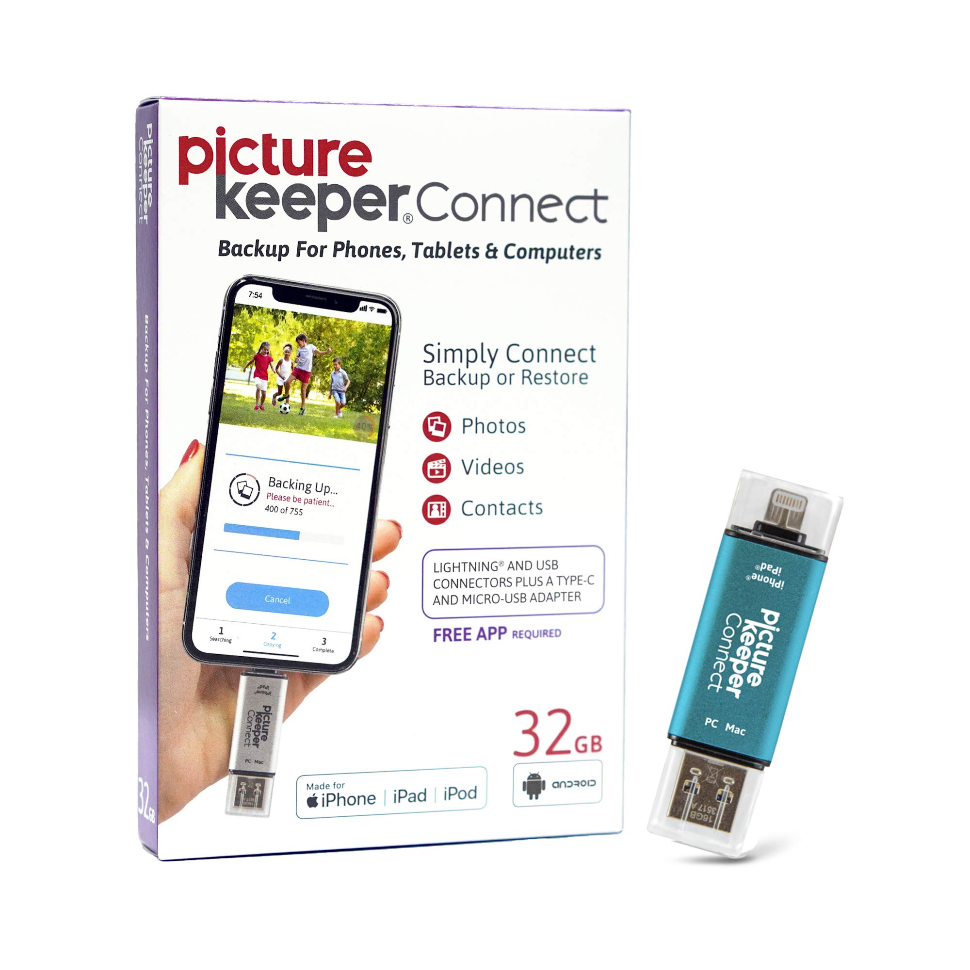 Picture Keeper Connect Photo & Video USB Flash Drive for Apple, Android, & PC Devices, 32GB Thumb Drive, Turquoise