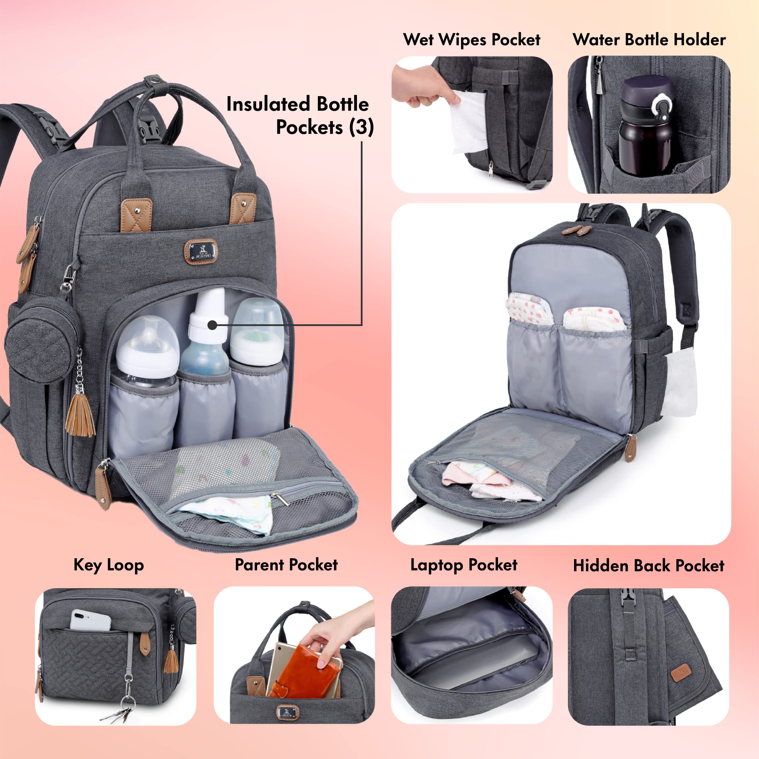 Dikaslon Diaper Bag Backpack with Portable Changing Pad, Pacifier Case and Stroller Straps, Large Unisex Baby Bags for Boys Girls, Multipurpose Travel Back Pack for Moms Dads, Dark Gray