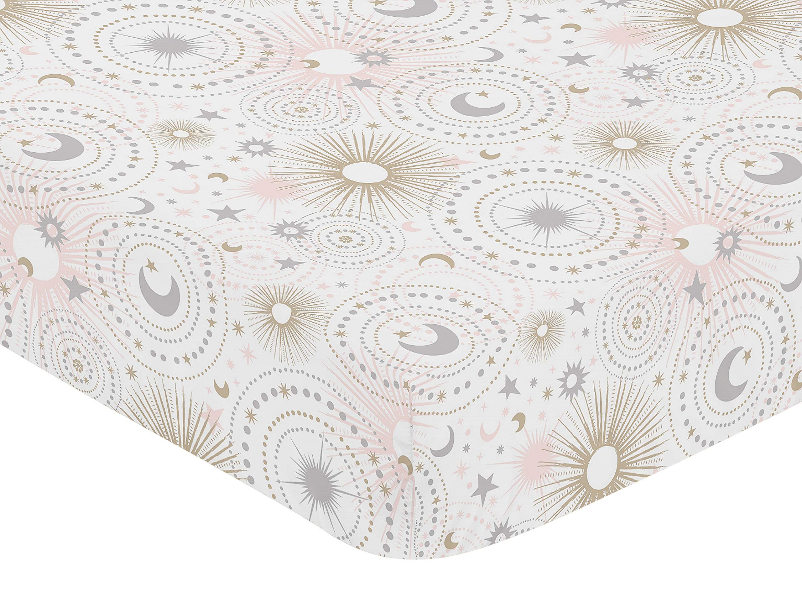 Sweet Jojo Designs Star and Moon Girl Jersey Stretch Knit Baby Fitted Crib Sheet for Soft Toddler Bed Nursery - Blush Pink, Gold, and Grey Celestial