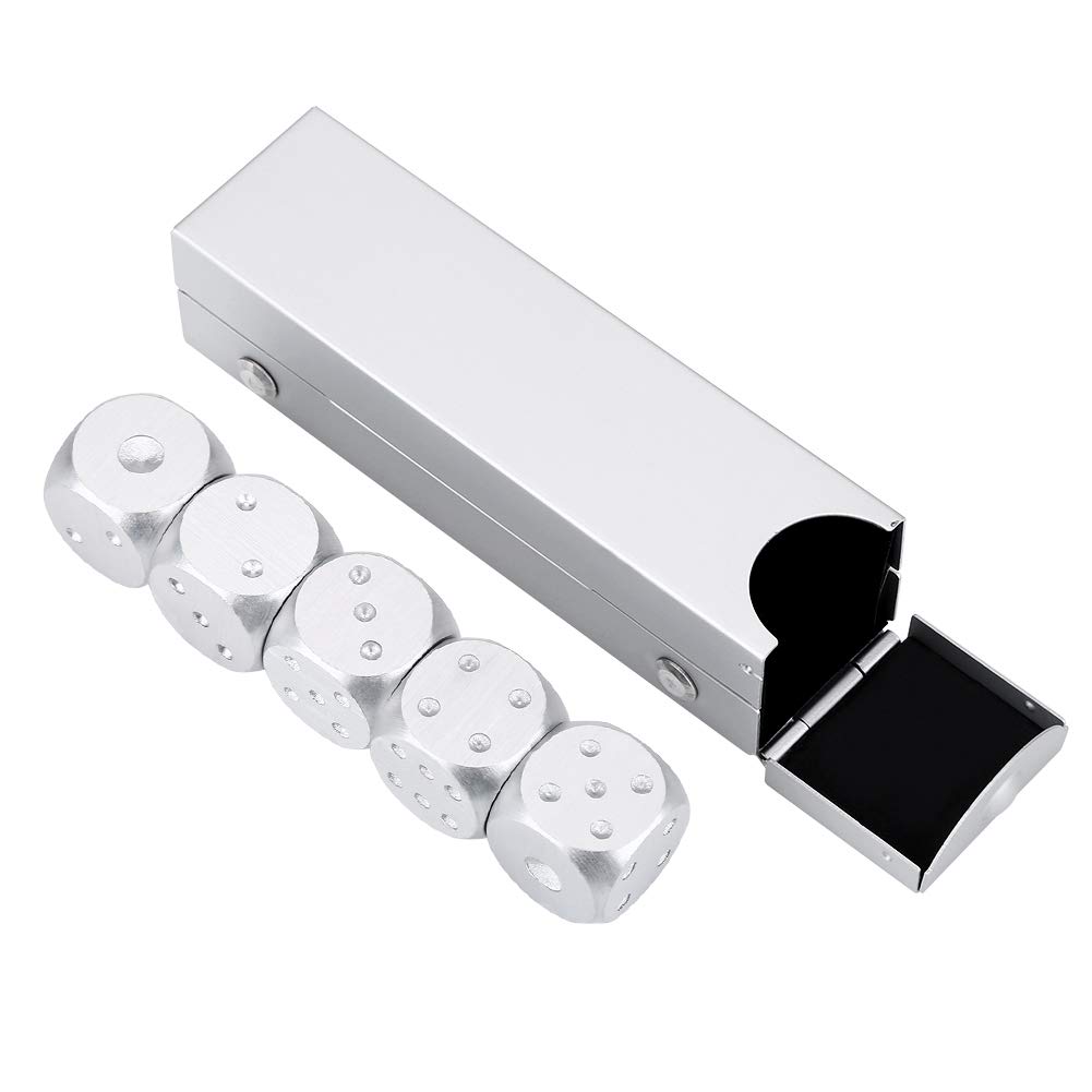 6 Sided Metal Dice Set, Dice Set with Storage Box Table Game Poker Games Dice Accessory (Silver Rectangular Box)