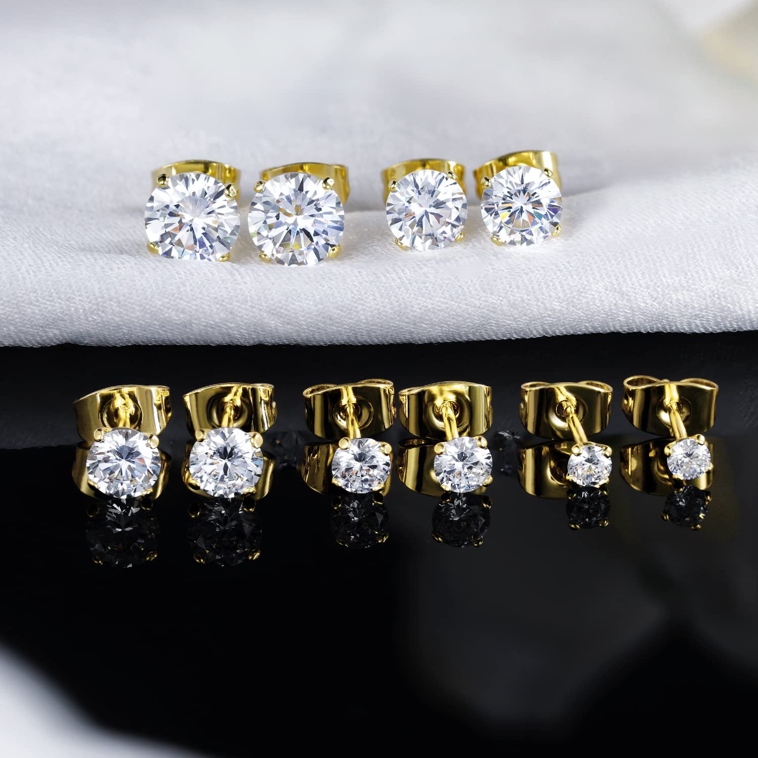 18K White Gold Plated Round Cut Cubic Zirconia Stud Earrings Sets for Women and Men 5 Pairs 3-7mm